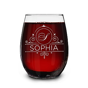 Personalized Monogram Laser Engraved Stemless Wine Glass 15 oz, Custom Initial Name Gift for Her, Him