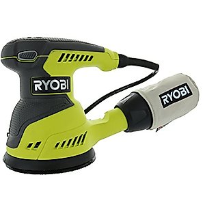 Ryobi RS290G 2.6 Amp 12,500 OPM Single Speed 5 Inch Hook and Loop Corded Random Orbit Sander w/ 3 Pads and Dust Bag
