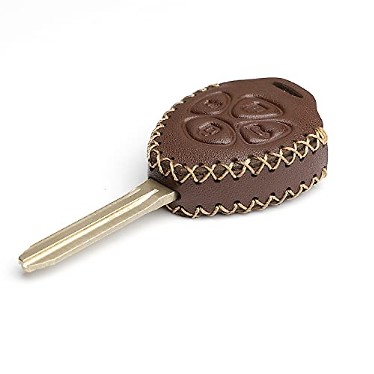 WFMJ Leather for Toyota Camry Land Cruiser Matrix Avalon Corolla Remote 4 Buttons Key Case Holder Cover Fob Chain (Brown)