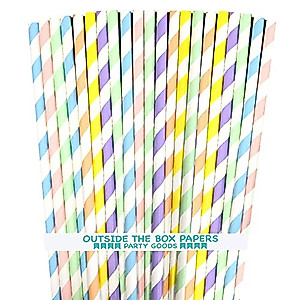 Pastel Stripe Paper Straws - Pink Light Blue Yellow Mint Green Lavender Peach Coral - 150 Pack Outside the Box Papers Brand