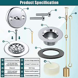 Tub Drain Linkage Assembly, Tub Drain Stopper and Trip Lever Overflow Faceplate Trim Kit with Screws, Bathtub Drain Kit Fit for Trip Lever Bath Tub Waste and Overflow Drain