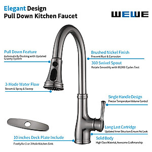 Kitchen Faucet-WEWE Single Handle Stainless Steel Brushed Nickel Pull Down Kitchen Sink Faucet with Pull Out Sprayer