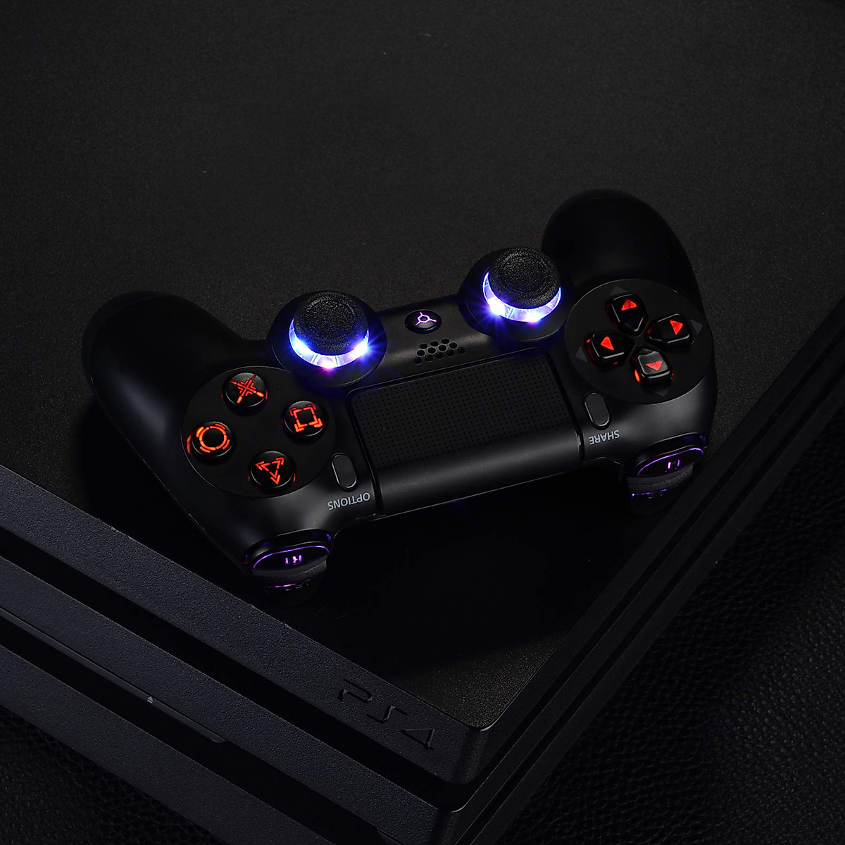 eXtremeRate Multi-Colors Luminated D-pad Thumbstick Trigger Home Face Buttons, Black Classical Symbols Buttons DTFS (DTF 2.0) LED Kit for PS4 Slim Pro Controller - Controller NOT Included
