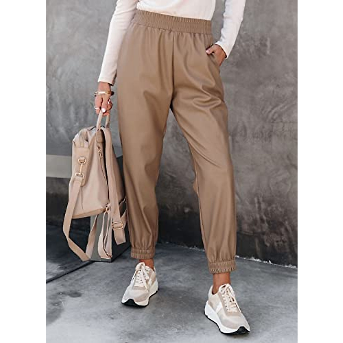 Dokotoo Leather Pants Trendy Elastic Womens Fashion pants High Waisted Cargo Pants Women 2023 Fall Winter Casual Joggers for Women Women's Pants Hiking Tactical Trousers Baggy Clothing Pants Pocket