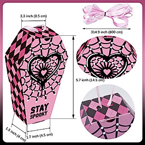 HOMEZZO 24 Pcs Pink Spider Web Coffin Boxes, Spooky Goth Black Conquette Halloween Coffin Paper Candy Treat Gift Boxes for Halloween Party Decorations
