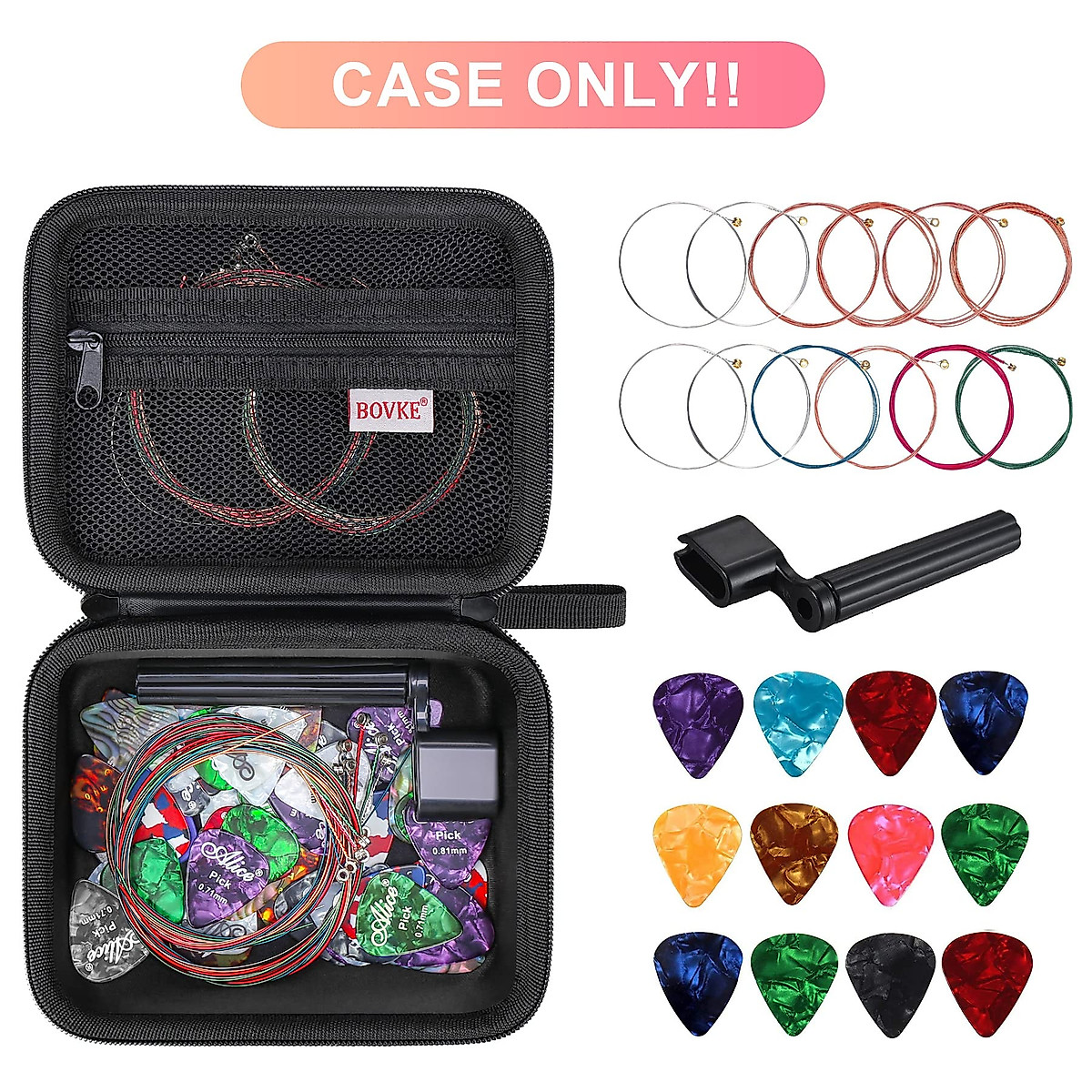 BOVKE Guitar Picks Holder Case for Fender, ChromaCast, D'Addario, JIM DUNLOP, Bolopick, MUSICAL INSTRUMENT All Size Guitar Picks, Mesh Pocket for String Winder, Bridge Pins, Black (Case Only)