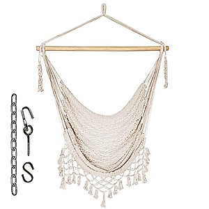 Prime Garden Mesh Hammock Net Chair Swing, Hanging Rope Netted Soft Cotton Hammock Chair Swing Seat Porch Chair for Yard Bedroom Patio Porch Indoor Outdoor, 265 lbs Weight Capacity, Beige