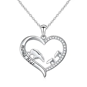 DAOCHONG Mother and Child S925 Sterling Silver Mama Bear with Cub Heart Pendant Necklace for Family (2 cubs)