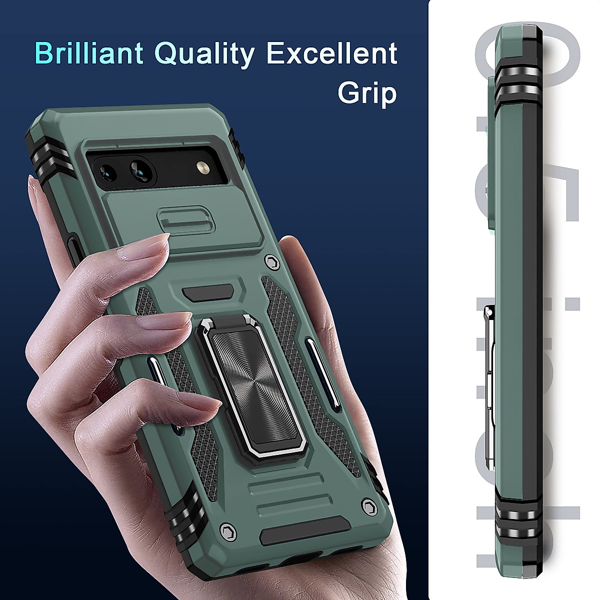 DEERLAMN for Pixel 7a Case,Google Pixel 7a Case with Slide Camera Cover+Screen Protector(2 Packs),Rotated Ring Kickstand Military Grade Shockproof Protective Cover-Green