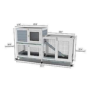 GDLF Two Floors 58" Wooden Indoor Bunny Hutch Rabbit Cage on Wheels Guinea Pig PET House for Small to Medium Animals Waterproof No Leak Tray