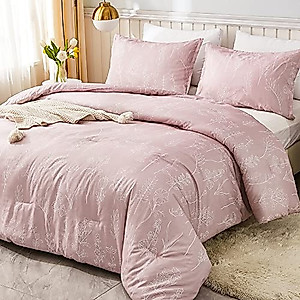 Litanika Pink Full Size Comforter Sets for Girls, 3 Pieces Cute Blush Floral Women Lightweight Bedding Comforter Sets, Flowers Soft Bed Set Gift Choice All Season (79x90In Comforter, 2 Pillowcases)
