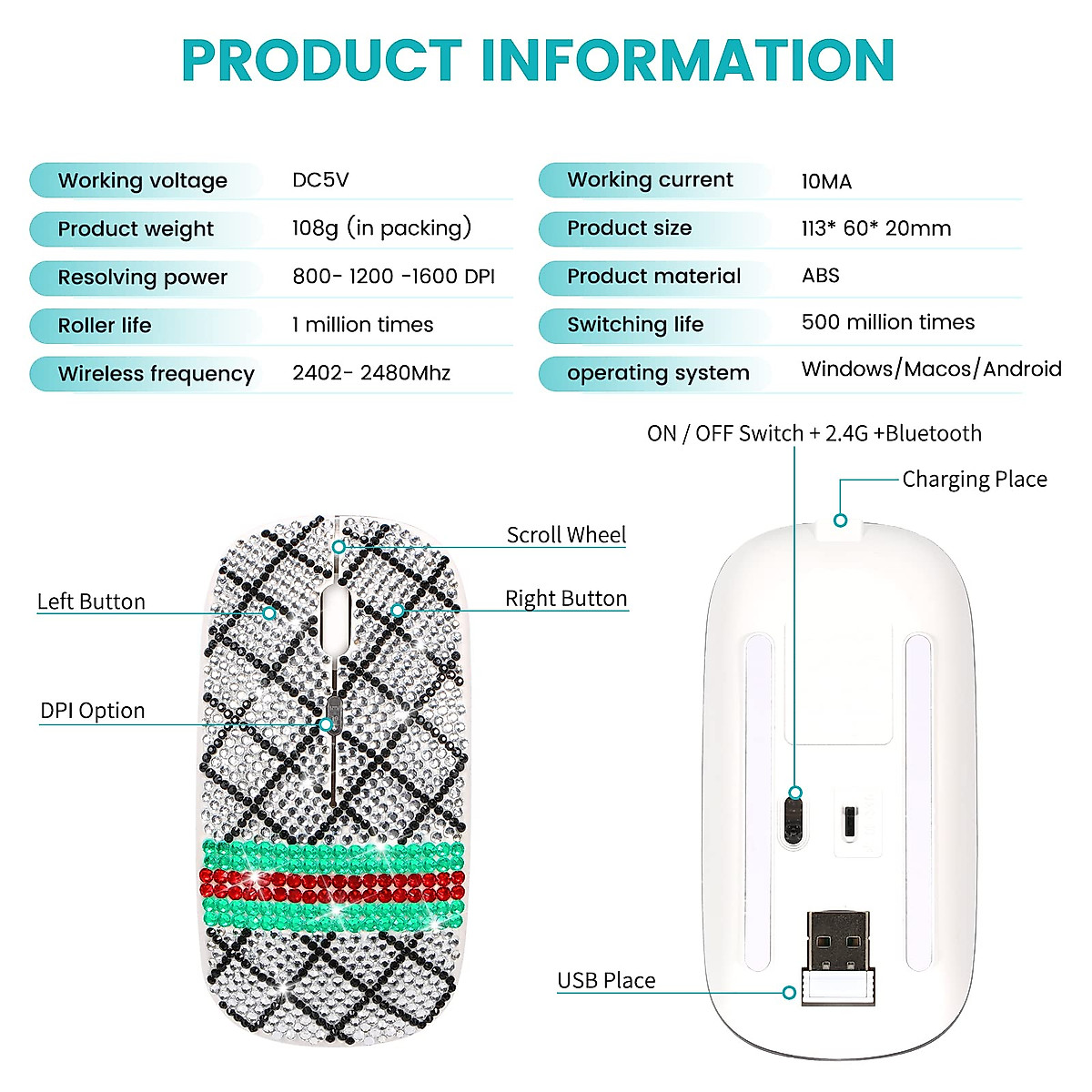Wireless Mouse,Attoe 2.4GHz Bling Dazzling Ergonomic Portable Girls Mouse Silent 800/1200/1600 DPI USB Optic Mouse Convenient for PC Laptop Notebook Windows