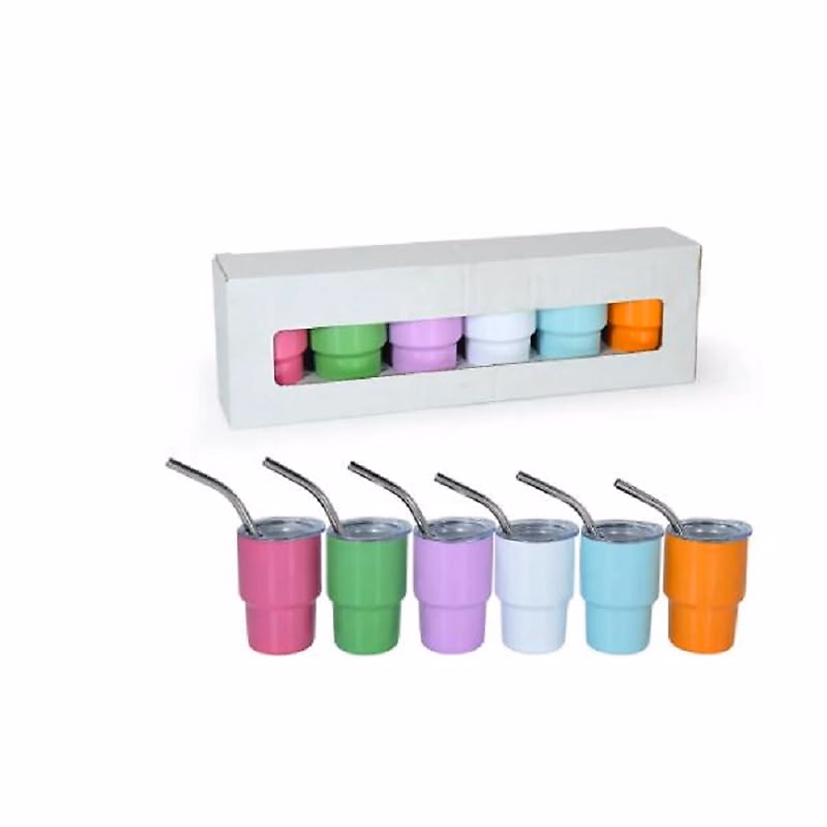 pugdodo 2 oz Cute Shot Glasses with Straw,Tumblers Set of 6 Colors,Stainless Steel Small Tumblers Cups with Lids and Straws (6 PC) (6)