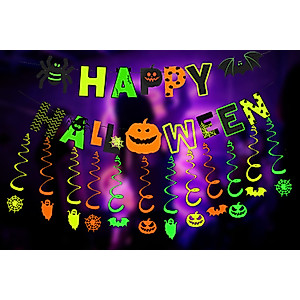 MEILINJIAN Happy Halloween Decorations Banner,Glow in the Dark Halloween Decorations Neon Glow Halloween Sign for Glow in the Dark Halloween Party,Black Light Party