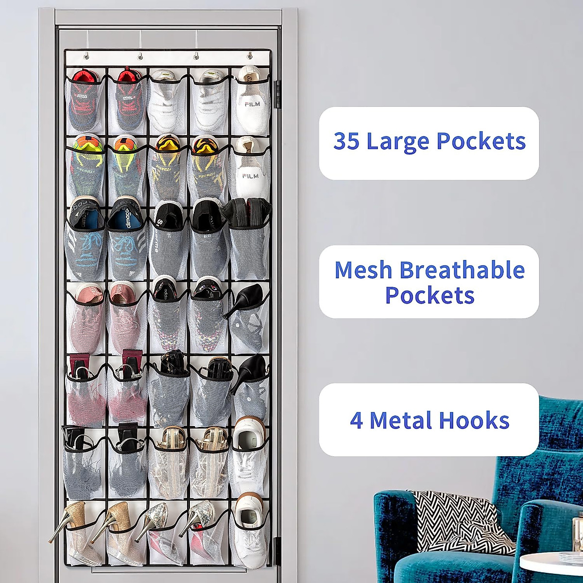 SAVERHO 35 Pockets Over the Door Shoe Organizer, Hanging Shoe Organizer for Door with 35 Mesh Pockets Large Capacity Shoe Hanging Storage Bag with 4 Metal Hooks (White-1Pack)