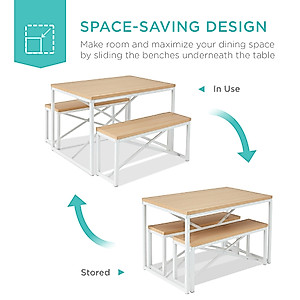 Best Choice Products 45.5in 3-Piece Bench Style Dining Furniture Set, 4-Person Space-Saving Dinette for Kitchen, Dining Room w/ 2 Benches, Table - Oak/White