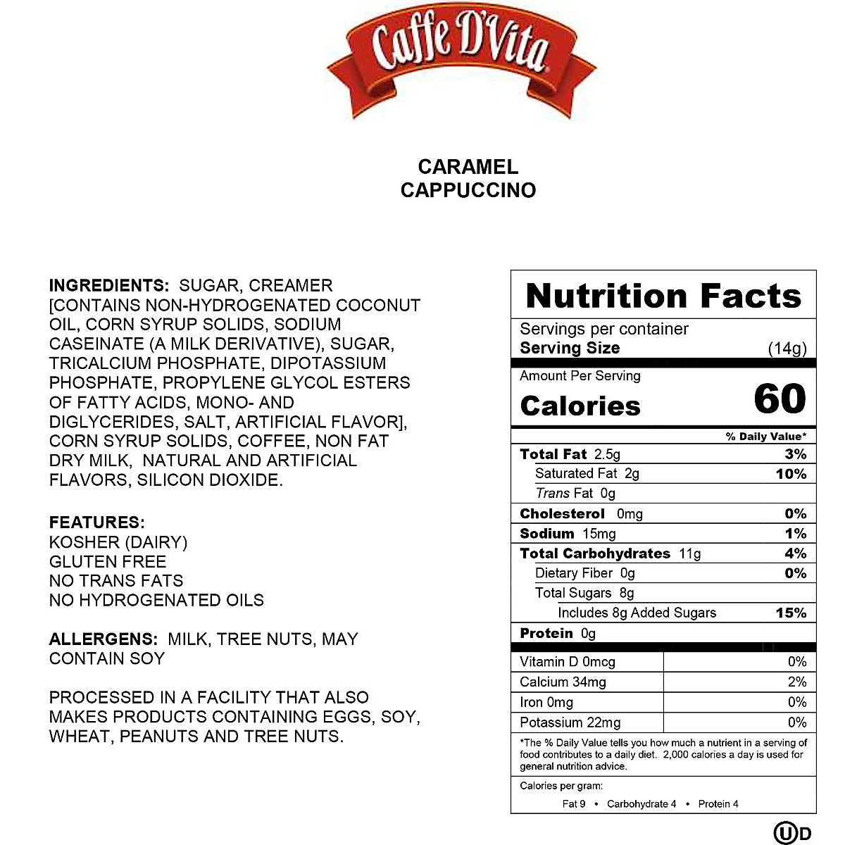 Caffe D'Vita Cappuccino Assortment (White Chocolate, English Toffee, Hazelnut, Mocha, French Vanilla, Caramel) - Instant Cappuccino Mix, Gluten Free - 0.5 oz each, 18 Packets, 6 of Each Flavor