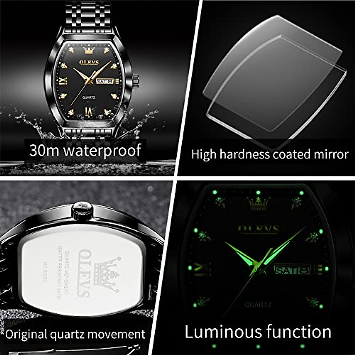 OLEVS Watch for Men Business Dress Diamond Analog Quartz Date Luxury Men Watches Black Casual Stainless Steel Waterproof Luminous Two Tone Man Wrist Watch Square