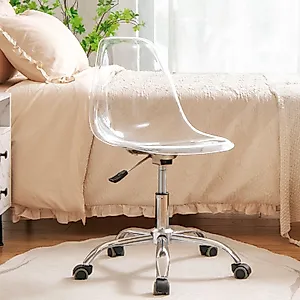 Giantex Acrylic Desk Chair, Clear Armless Office Rolling Chair, Height Adjustable Leisure Ghost Chair w/Chromed Base, Modern Cute Vanity Chair, Swivel Computer Chair for Home Office