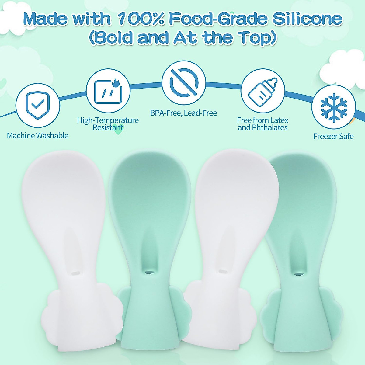 Leak-Proof Silicone Food Pouch Squeeze Spoon - No-Spill, Easy Attach Silicone Tops for Infants, 4-Pack