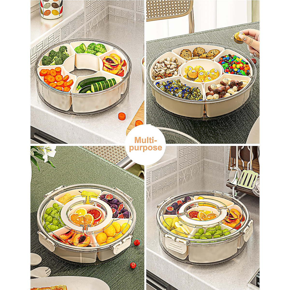 Unngeigei Rotating Divided Serving Tray with Lid and Handle