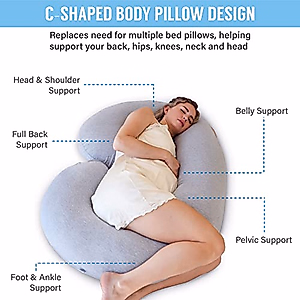 Pharmedoc Pregnancy Pillows, C Shaped Full Body Pillow for Adults– Pregnancy Pillows for Sleeping – Maternity Pillow with Support for Back, Legs, Belly and Hips – Grey Jersey Cotton Removable Cover