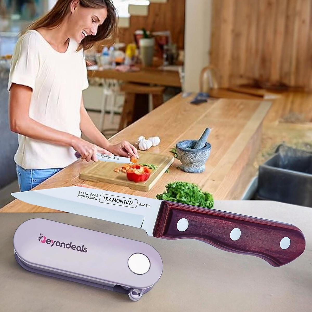 Tramontina Paring Knife 3 Inch, Stainless Steel Blade, Ergonomic Redwood Handle, Precision Cutting & Peeling - Bundle with Foldable Kitchen Peeler, Durable & Rust-Resistant [Pack of 4]