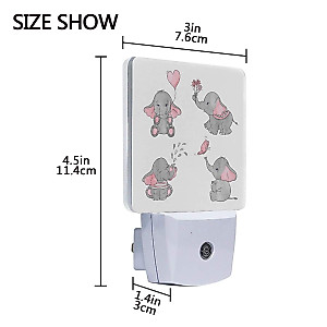 Naanle Set of 2 Cute Cartoon Baby Elephant Hold Heart Shape Balloon Flowers Play Butterfly Water Drop Fountain Nightlight Auto Sensor LED Dusk to Dawn Night Light Plug in Indoor for Adults