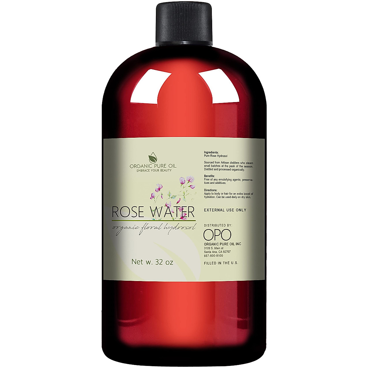 Rose Hydrosol Water - 32 oz - Pure Rose Hydrosol – Hydrating Face Toner Rose Water for Skin and Hair, Linen Spray for Sheets, Room Freshener, Body Spray by Organic Pure Oil - Packaging May Vary