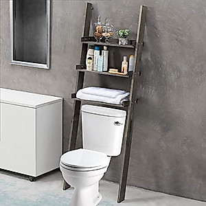 MyGift Over-The-Toilet Storage Shelves, 3-Tier Rustic Vintage Gray Wood Leaning Bathroom Ladder Shelf
