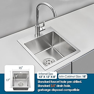 ROVOGO 15"x17" Drop in Bar Prep Sink Stainless Steel, 1-Hole Single Bowl Kitchen Sink with Basket Strainer, Small Secondary Entertainment Wet-Bar Sink, Brushed