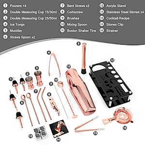 Cocktail Shaker Set, 23-Piece Boston Stainless Steel Bartender Kit with Acrylic Stand & Cocktail Recipes Booklet, Professional Bar Tools for Drink Mixing, Home, Bar, Party - Gold Rose