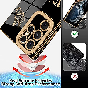 MZELQ for Samsung S22 Ultra 5G Case Butterflies Design for Women Girls,Cute Luxury Plating Edge Bumper Full Camera Lens Protection Cover for Galaxy S22 Ultra 5G 6.8“-Black