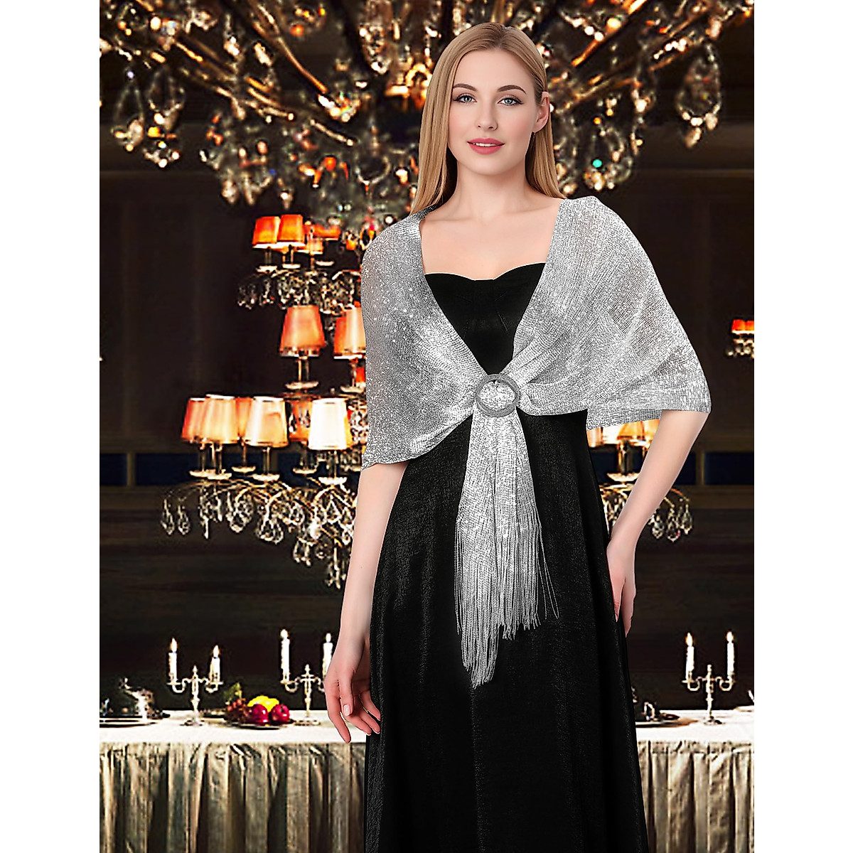 ZENUTA Shawls and Wraps for Evening Dresses, Womens Shawls and Wraps, Dressy Shawls and Wraps for Evening Wear (A. Silver (With Silver Buckle))