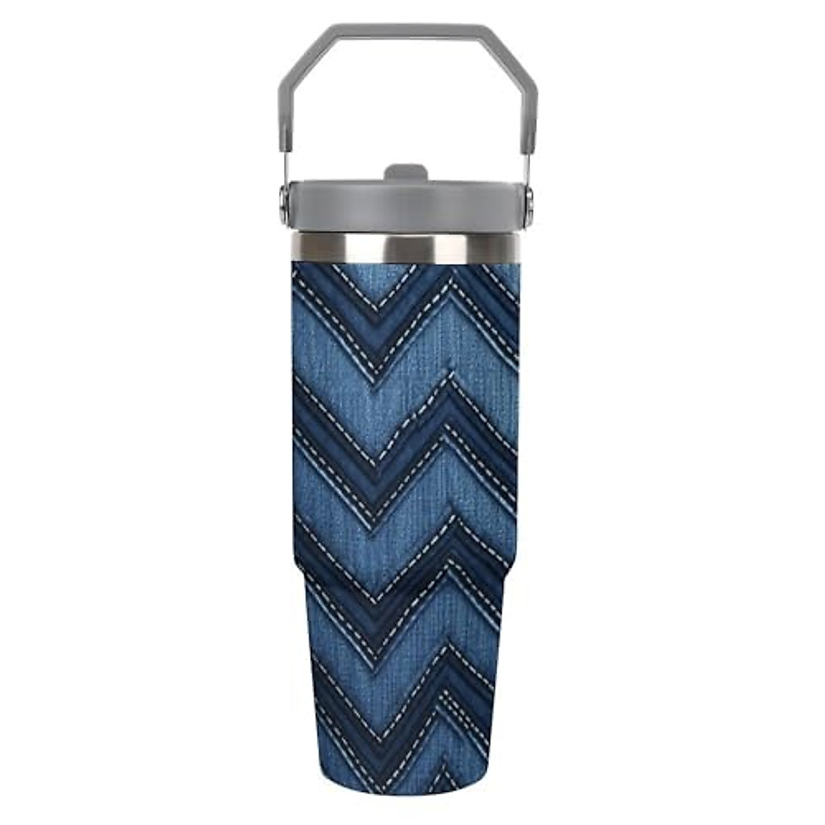 WITHSBKK 30oz Car Cup Gradient Blue Denim Printed with Portable, Stainless Steel Travel Mug, Vacuum Insulated Tumbler And Straw, Leakproof for Car & Outdoor, UV Printed Design
