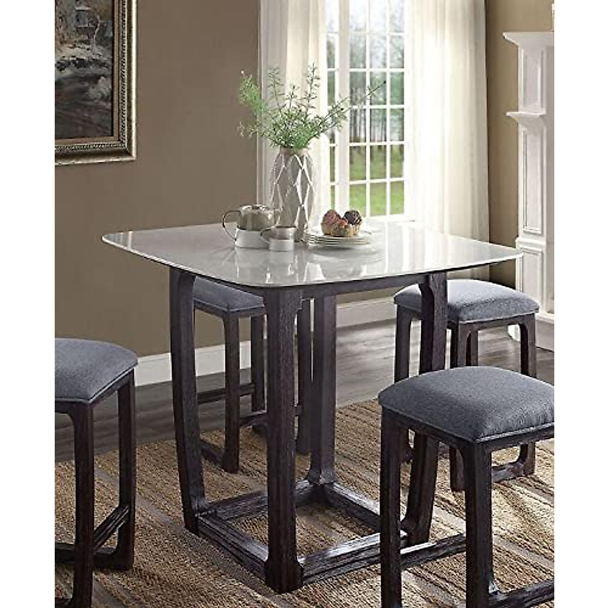 Transitional Square Marble Counter Height Dining Table with Wooden Straight-Square Legs, 42" W x 42" L x 36" H