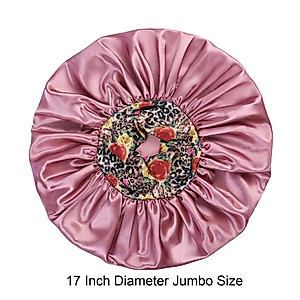 Silk Satin Bonnet Hair Cap: 2pcs 17inch Diameter Extra Large Jumbo Sleeping Satin Bonnets with Comfortable Flower Band - High Density Satin Bonnets for Women Braids Curly Night Cap (Black & Rosegold)