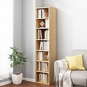 IOTXY Small Narrow Corner Bookcase - 59 Inches Tall Gap Freestanding Storage Cabinet, 7 Lattices Open Shelves Tower Rack, Cubes Bookshelf in Oak
