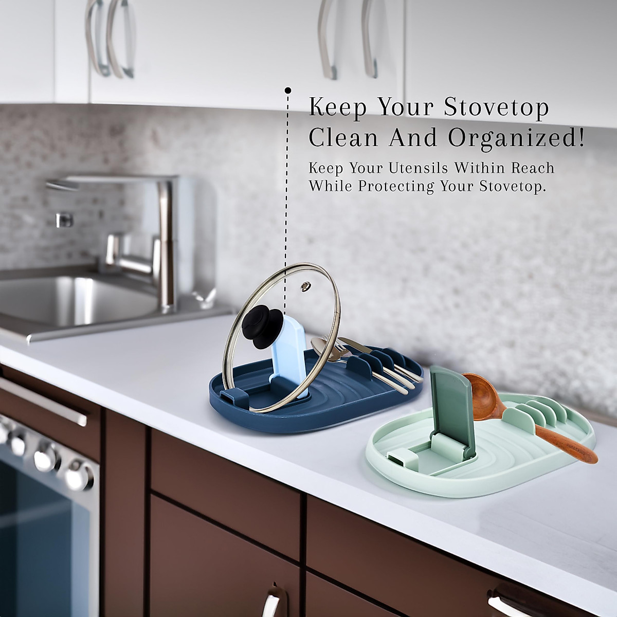 2LB Depot Lid Holder for Pots and Pans - Kitchen Spoon Holder - Spoon Rest with Lid Holder - Multifunctional Cooking Holder - 7"x 6" - Kitchen Organizer - Blue/Green Spoon Rest Holder for Stove Top