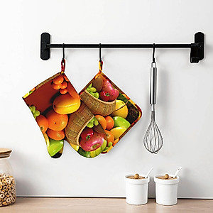 Variety Fresh Vegetables Fruits Silicone Oven Mitts Pot Holder Sets 2pcs Cute Design Washable Non Slip Kitchen Heat Resistant Mat Women's Cooking Gloves for Baking and BBQ Wear