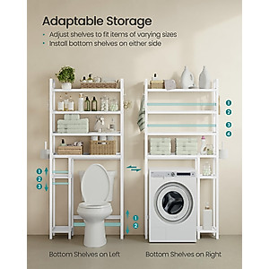 SONGMICS Over The Toilet Storage Shelf with Toilet Paper Holder, Bamboo Bathroom Organizer with Adjustable Shelves, 10.2 x 32.7 x 72.8 Inches, 4 Hooks, Storage Rack, Cloud White UBTS017W01