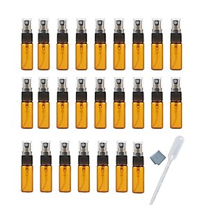 Elfenstall- 20pcs Amber 5ml 1/6oz Atomizer Vial Glass Bottle Spray Refillable Perfume Empty Fine Mist Sample Bottle Clean Cloth Free 3ML Pipette for Travel Party
