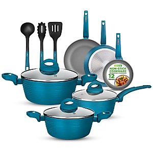 NutriChef Professional 12-Piece Nonstick Cookware - PFOA/PFOS-Free, Heat Resistant Lacquer, Elegant Design, Multi-Sized Pots and Pans, Teal/Gray/Green