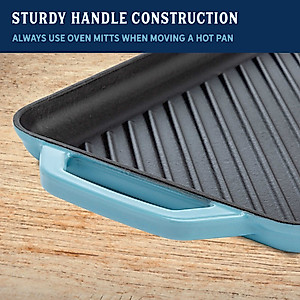 Country Living Enameled Cast Iron Grill Pan, Family Sized Rectangular Griddle, Durable Indoor and Outdoor Cookware, 17" x 9.5", Blue