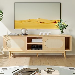 VOWNER Farmhouse Rattan TV Stand for 55/60/65 inch TV, Modern Entertainment Center with Natural Rattan Door and 2 Open Shelves, TV Console Table for Living Room, Wood Color