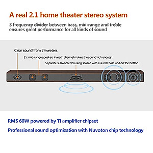 KEiiD Sound Bar for TV 2.1 CH Wooden Soundbar with Built-in Subwoofer, Bluetooth HDMI(ARC)/ Optical/Coaxial/RCA Connection, 4 EQ Modes Optional for Home Theater TV Speakers