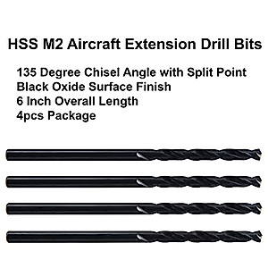 MAXTOOL 7/32"x6" 4pcs Identical Aircraft Extension Drills HSS M2 Extra Long Deep Twist Drill Bits Straight Shank Fully Ground Black; ACF02B06R14P4