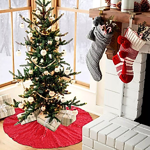 B-COOL Tree Skirts 48inches Red Christmas Sequin Tree Skirt Embroidered Tree Carpets Glitter Tree Mats Chrismas Tree Cover Round Red