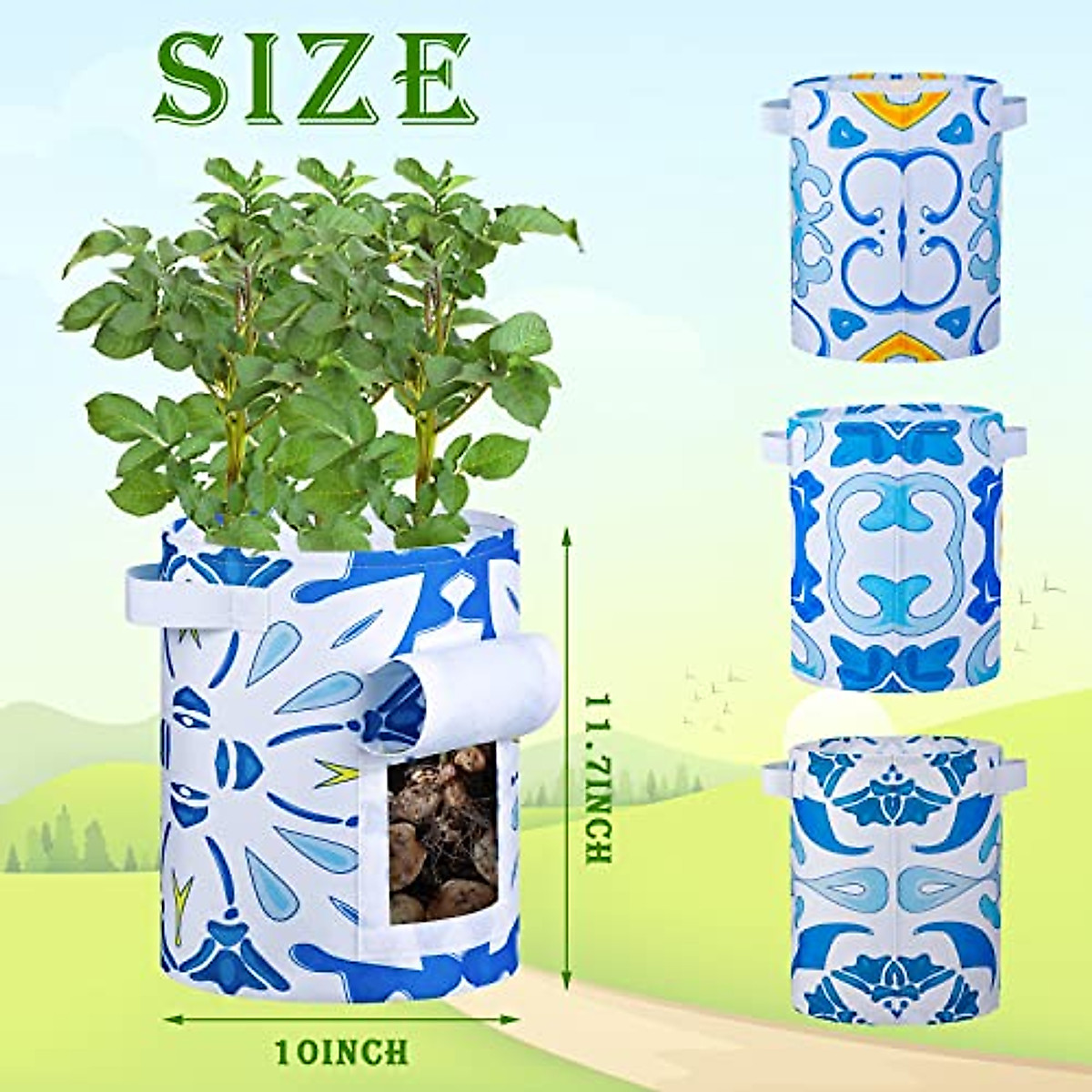 4 Pcs Boho Potato Grow Bags with Flap 5 Gallon Garden Planting Bag with Handles and Harvest Window Boho Garden Pots Thickened Tomato Planter for Potato Tomato Vegetable and Fruits