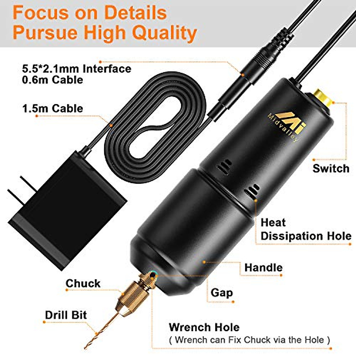 Electric Resin Drill Set, Midvalley Pin Vise Electrical Mini Hand Drill Kit with 10Pcs Twist Drill Bits (0.8-1.2 mm) Tool, for Resin Craft, DIY Jewelry Making Keychains, Pendant, Plastic Wood.